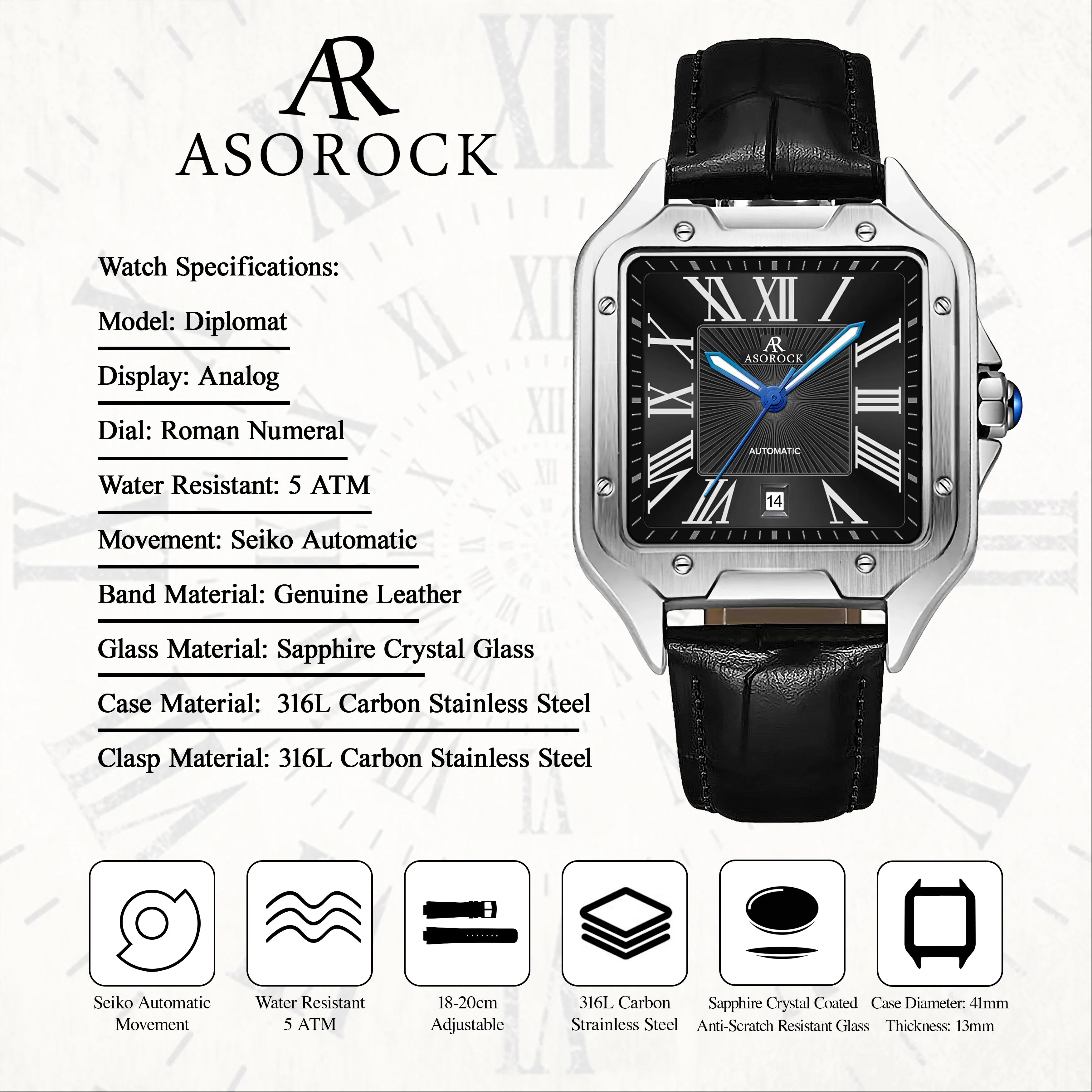 Silver/Black Diplomat - cartier santos homage lookalike watch– ASOROCK ...
