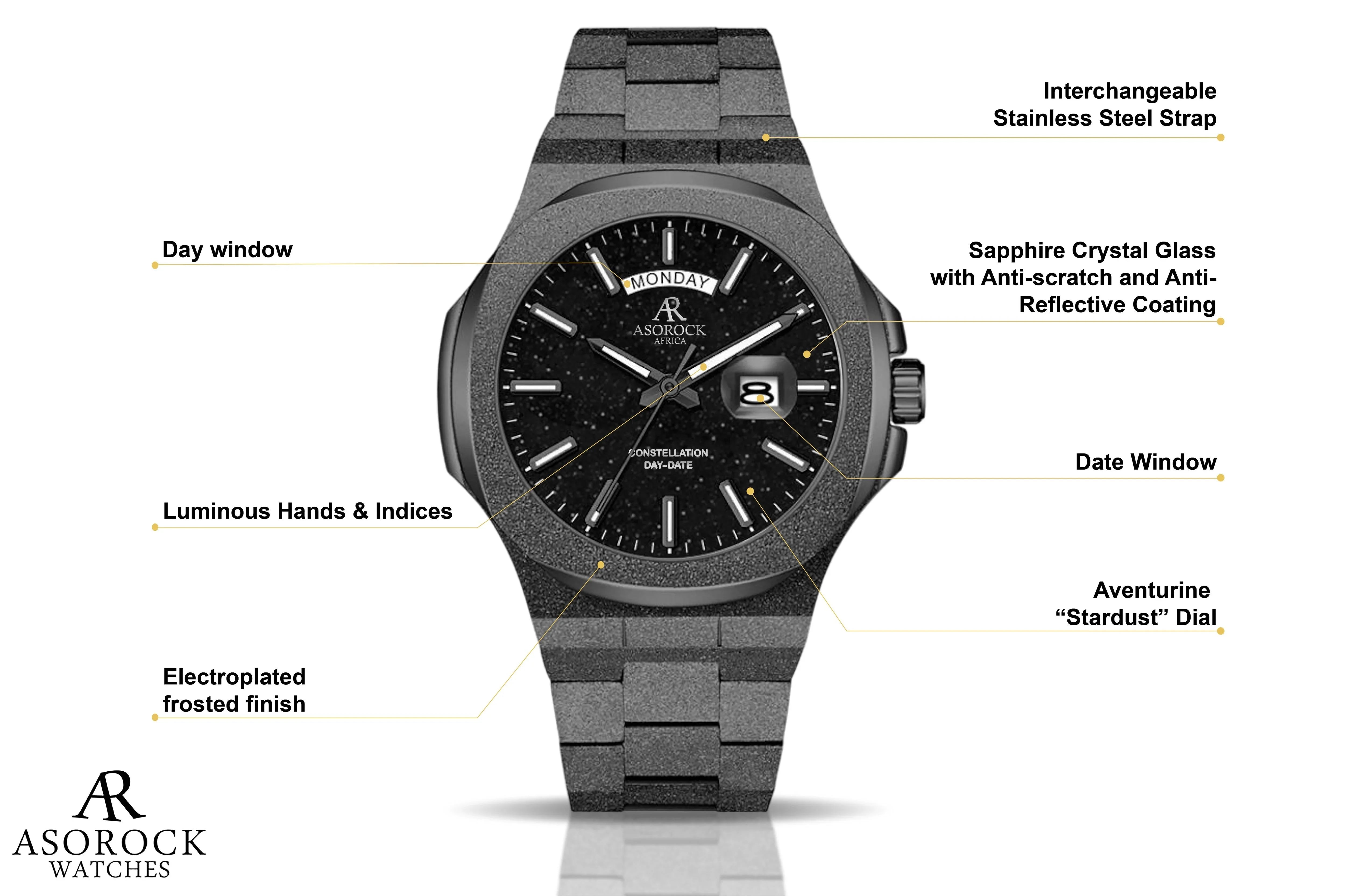 All Black Frosted aventurine stardust Constellation Day Date Watch ...