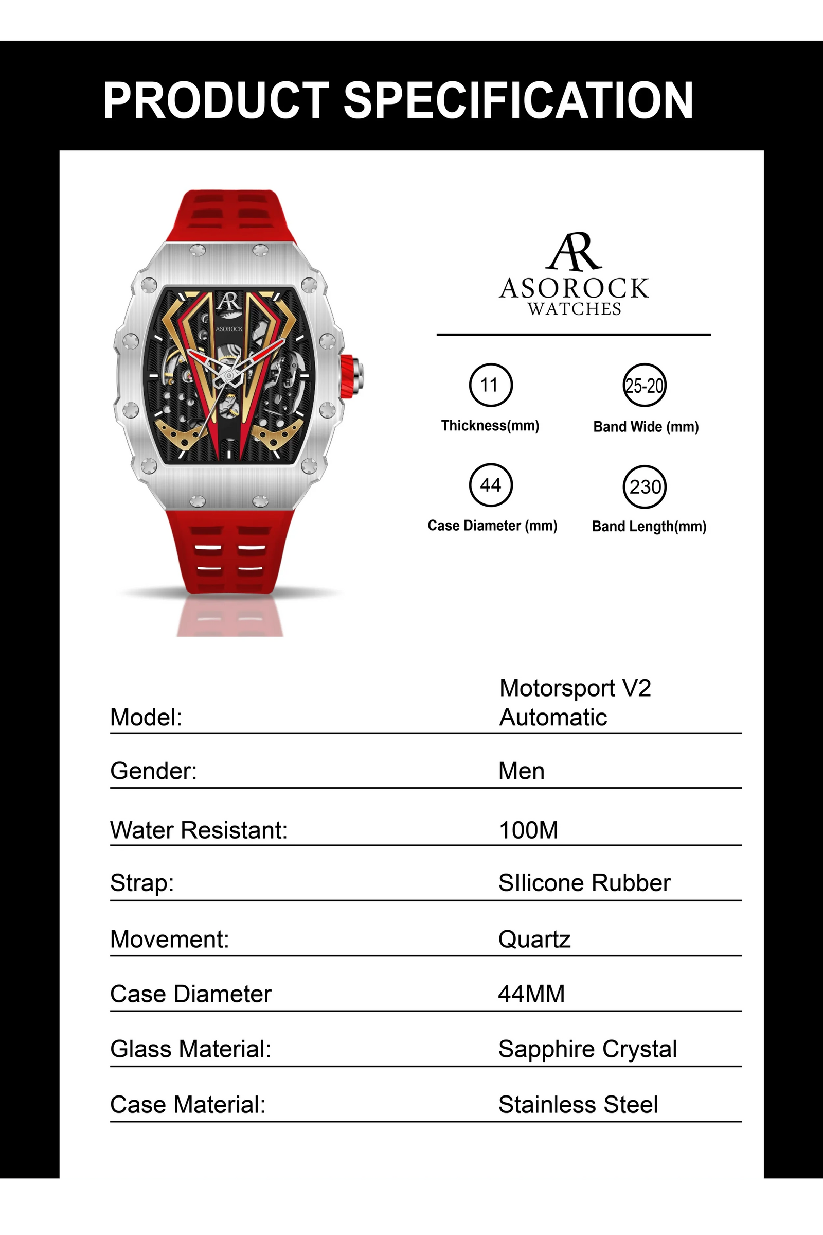 Silver/red Motorsport V2 automatic - richard mille homage style watch ...